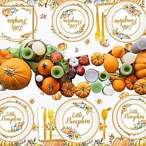 Fall Little Pumpkin Baby Shower Party Decorations Thanksgiving Pumpkins Disposable Birthday Party Decorations Set with Plates, Cups, Napkins, Tablecloth, Banner, Knives, Spoons and Forks, Serves 24