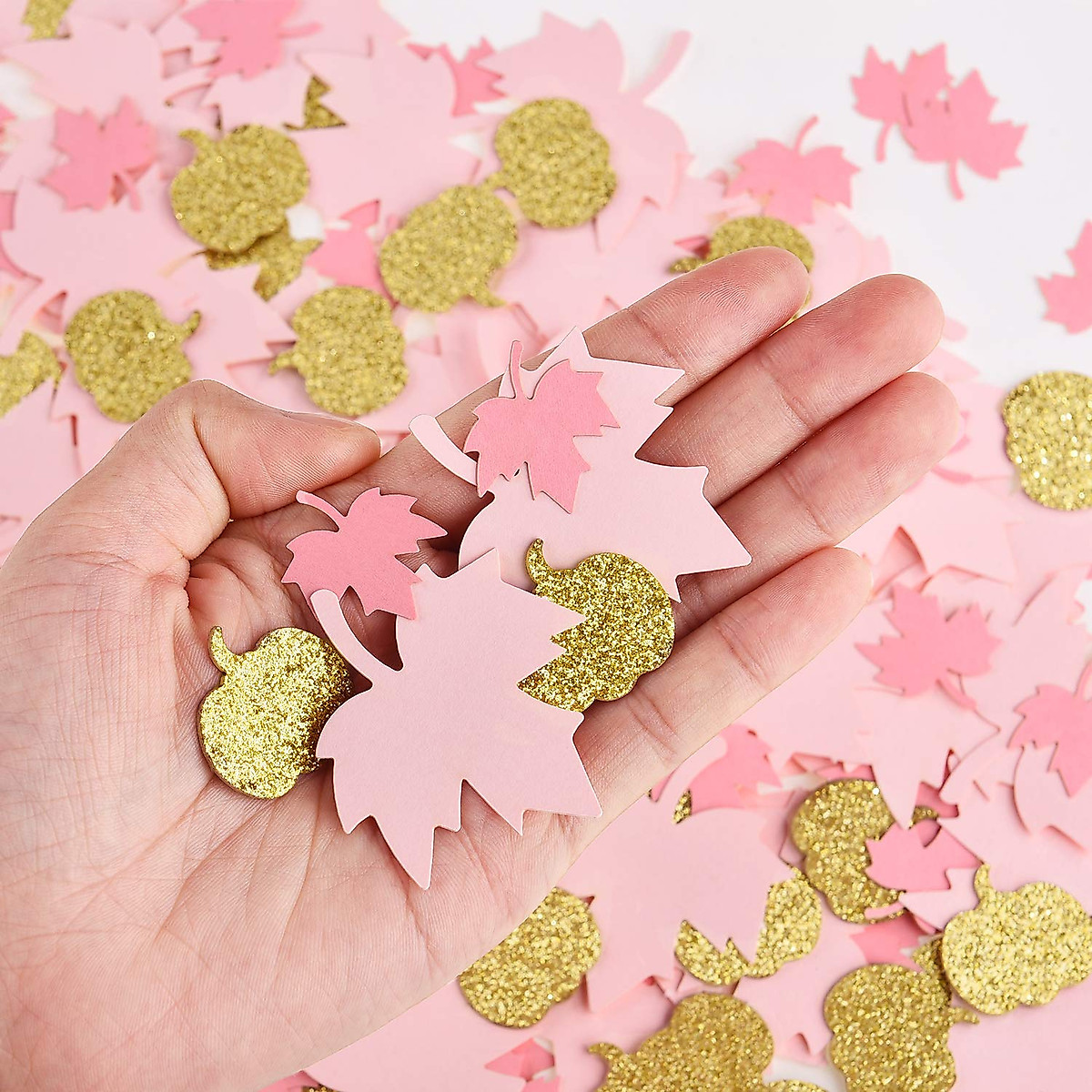 Thanksgiving Pink and Gold Pumpkin Confetti Christmas Baby Shower Maple Leaf Confetti Glitter Thanksgiving Pumpkin Decorations Table Confetti for Baby Girl Birthday Party Supplies (Simple, 200)