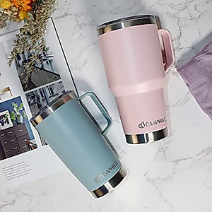 AQUAPHILE 30oz Stainless Steel Insulated Coffee Mug with Handle, Double Walled Vacuum Travel Cup with Lid & Straw, Reusable Thermal Coffee Cup, Portable Coffee Tumbler, for Hot&Cold Drinks(Pink)