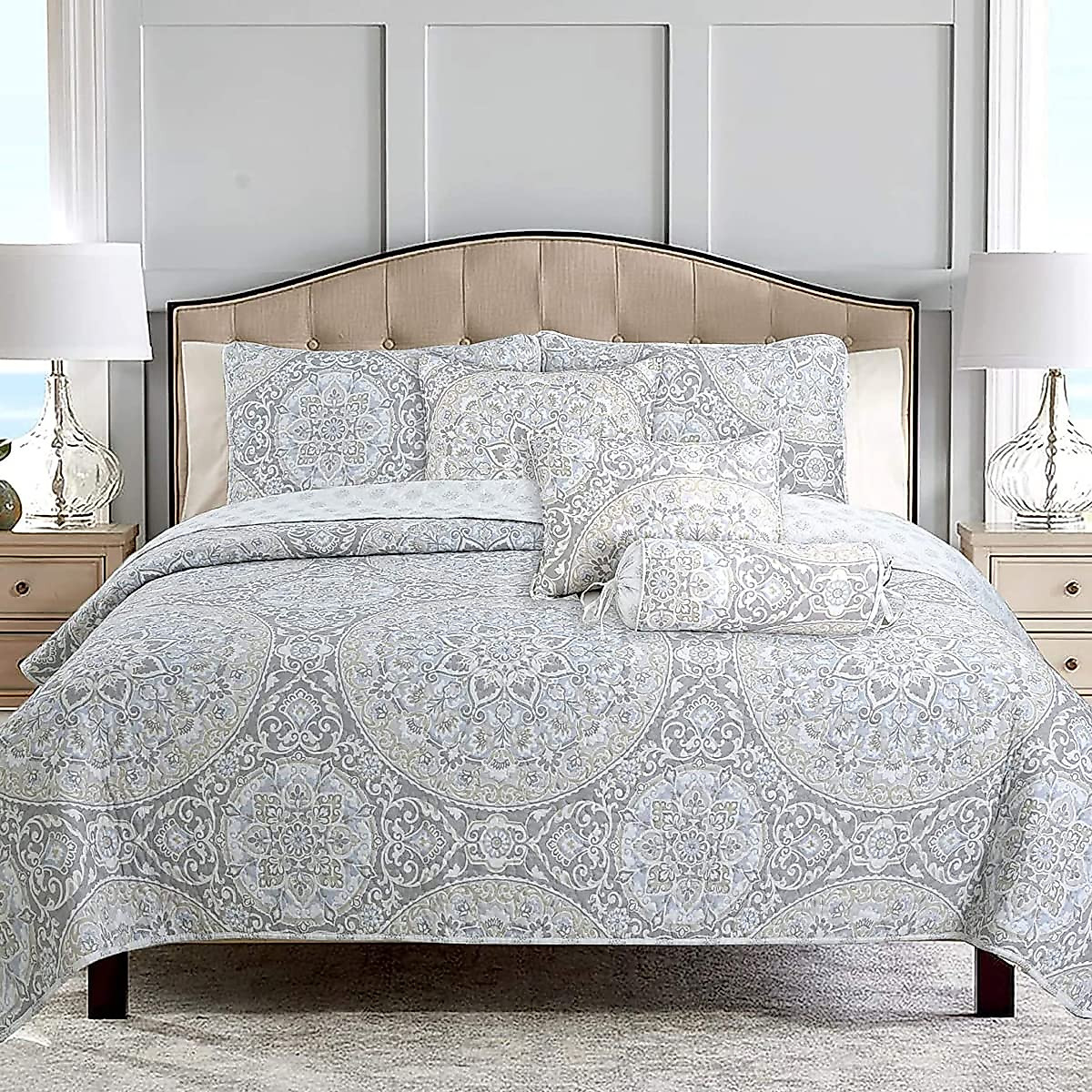 Cozy Line Home Fashions Medallion Floral Reversible Bedding Quilt Set, Lightweight Bedspread Coverlet for All Seasons (Grey Venetia, Queen - 3 Piece)