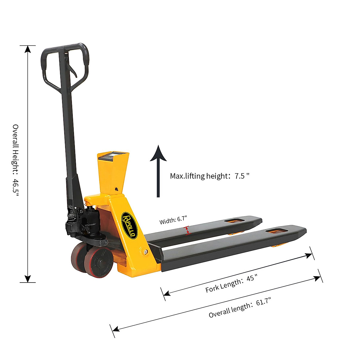 APOLLO Scale Pallet Jack Manual Hand Truck, Lb/Kg Switchable Electronic Digital Scale, 1lb Readability, 4400lbs Capacity 48"x27" Fork for Heavy Duty Warehouse Supermarket, Logistics Center