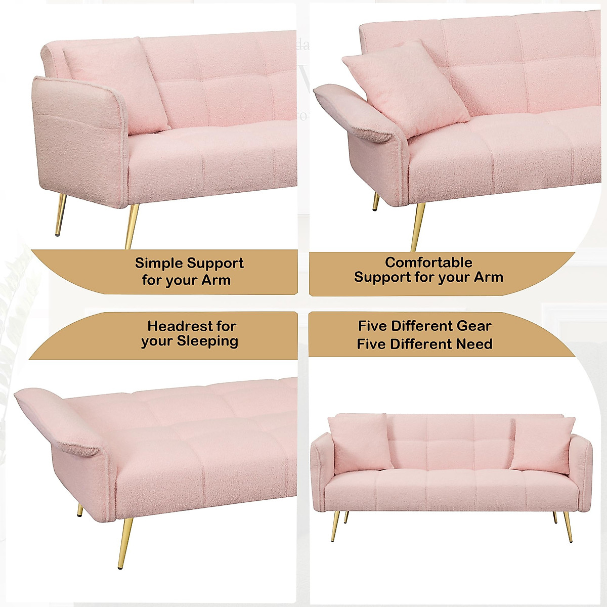 Aoowow Teddy Fabric Futon Couch with 2 Sort Bed Pillow, Love seat Sofa Bed with Adjustable Armrests Backrest for Small Spaces, Modern Recliner Futon Sofa for Living Room (Pink Teddy Fabric)