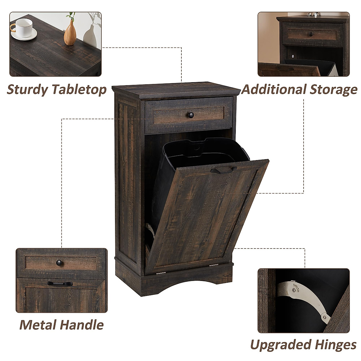 OUTGUAVA 13 Gallons Tilt Out Trash Cabinet Freestanding Kitchen Trash Bin Cabinet Wood Garbage Recycling Cabinet with Hideaway Drawer Pet Proof Trash Can Holder for Kitchen Living Room, Rustic Brown