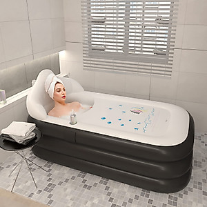 Inflatable Portable Bathtub-Family SPA Freestanding Bathtub with Bath Pillow-Inflatable Bathtub With Neck and Back Support-Suitable For Cold Plunge Tub-Training Tub-Ice Bath ＆ Hot Bath,63''X35''(Grey)