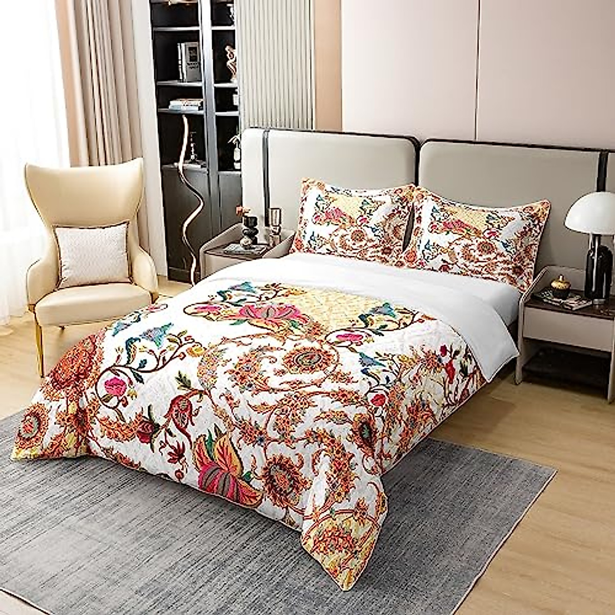 100% Cotton Exotic Floral Duvet Cover Full, Boho Bedding Set, Bohemian Floral Persian Exotic Tribal Comforter Cover, Abstract Gold Red Flowers Botanical Plant 3Pcs Quilt Cover for Girls