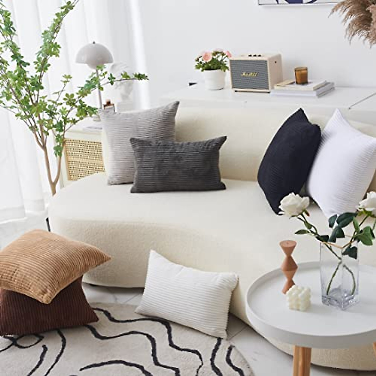 Home Brilliant Cream Pillow Covers Decorative Throw Pillows Set of 2 Striped Corduroy Plush Velvet Pillowcases Cushion Cover for Couch, 18x18 inch, Cream Cheese