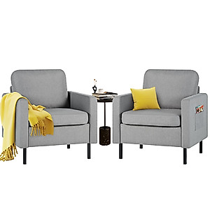 STHOUYN Fabric Comfy Small Accent Chair Set of 2 Living Room Bedroom Chairs, Reading Arm Chair for Adults, Suitable Small Spaces Office Couch, Light Grey (2, Light Grey)