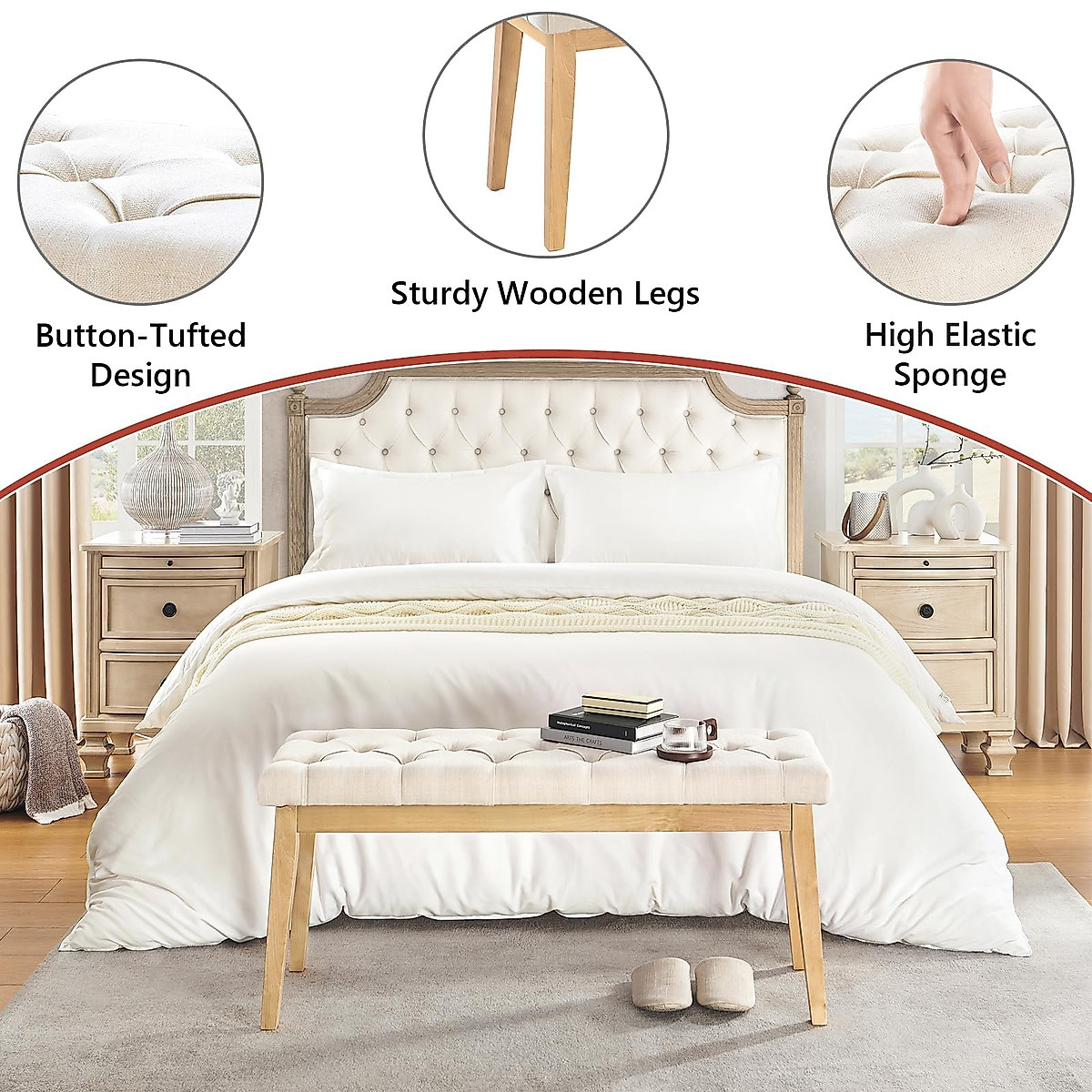 Upholstered Entryway Bench - End of Bed Bench with Padded Seat, Button Tufted Wood Frame (Beige-2)