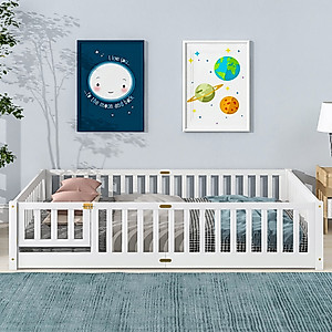 LLS Queen Floor Bed for Children, Durable Montessori Floor Bed with Wood Slats, Safety Fence & Small Door, Wood Floor Bed Frame for Girls Boys Children, White (with Bed Slats)