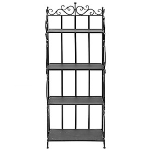MyGift Black Metal Freestanding Shelf Rack, Decorative Bakers Rack Bookshelf Storage Shelf Unit with Metal Scrollwork Frame, Indoor Plant Pot Display Stand with 4 Wood Shelves