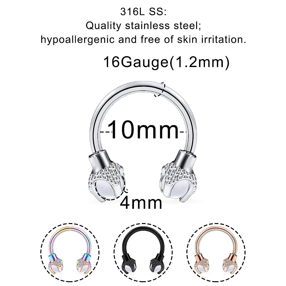 Ftovosyo 4Pcs Glow in the Dark Dragon Claws Circular Horseshoe Barbell Surgical Steel Nose Septum Rings Hoop Daith Earring Helix Vertical Lip Piercing Jewelry for Women Men