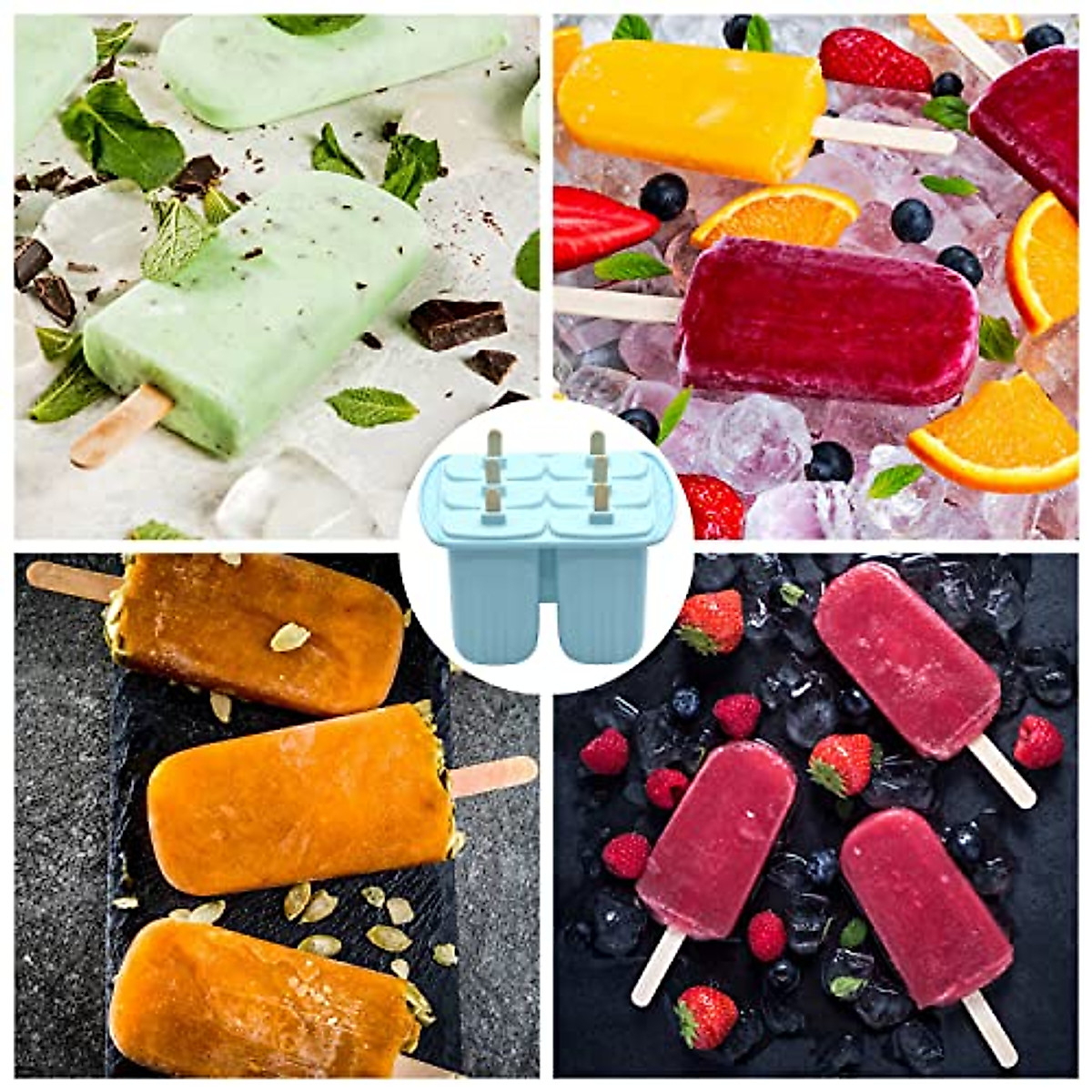 Bangp Popsicle Molds 6 Pieces,Silicone Ice Pop Molds BPA Free,Homemade Popsicle Maker,Reusable Easy Release Ice Pop Maker for Kids,with 50 Popsicle Sticks and 50 Popsicle Bags(Blue)