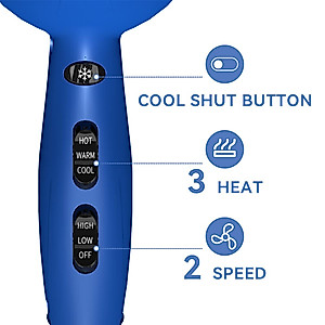 Negative Ionic Hair Dryer Ceramic Blow Dryer 1875W Powerful Professional Hair Dryers 2 Speed and 3 Heat Settings with Concentrator, Blue
