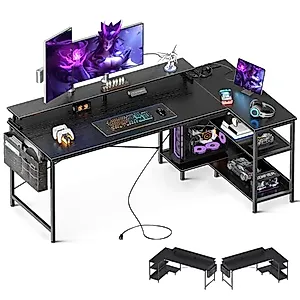 ODK L Shaped 66 Inch Computer Desk with USB Charging Port & Power Outlet, L-Shaped Gaming Desk with Storage Shelves & Monitor Shelf for Home Office Workstation, Modern Writing Table, Black