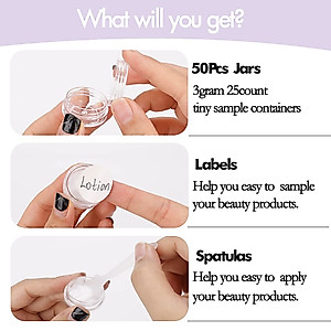 3 Gram Sample Containers with Lids, 50 Count Clear Sample Jars, Empty Lip Balm Containers, Mini Cosmetic Containers with Lids, Makeup Travel Containers with Labels, Mini Disposable Spatulas