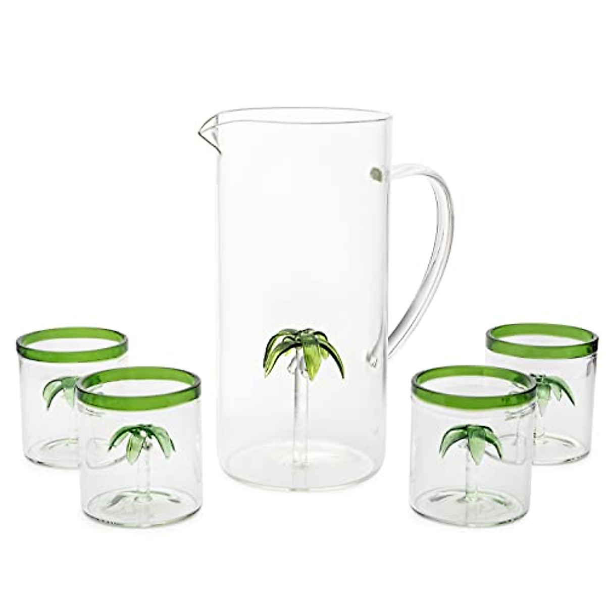 Palm Tree Pitcher & 4 Glasses Set Decanter with 4 Glasses 9oz by The Wine Savant - Elegant Glass Set, Great for Water Iced Tea, Sangria, Lemonade, and More! 1300ml 9" H