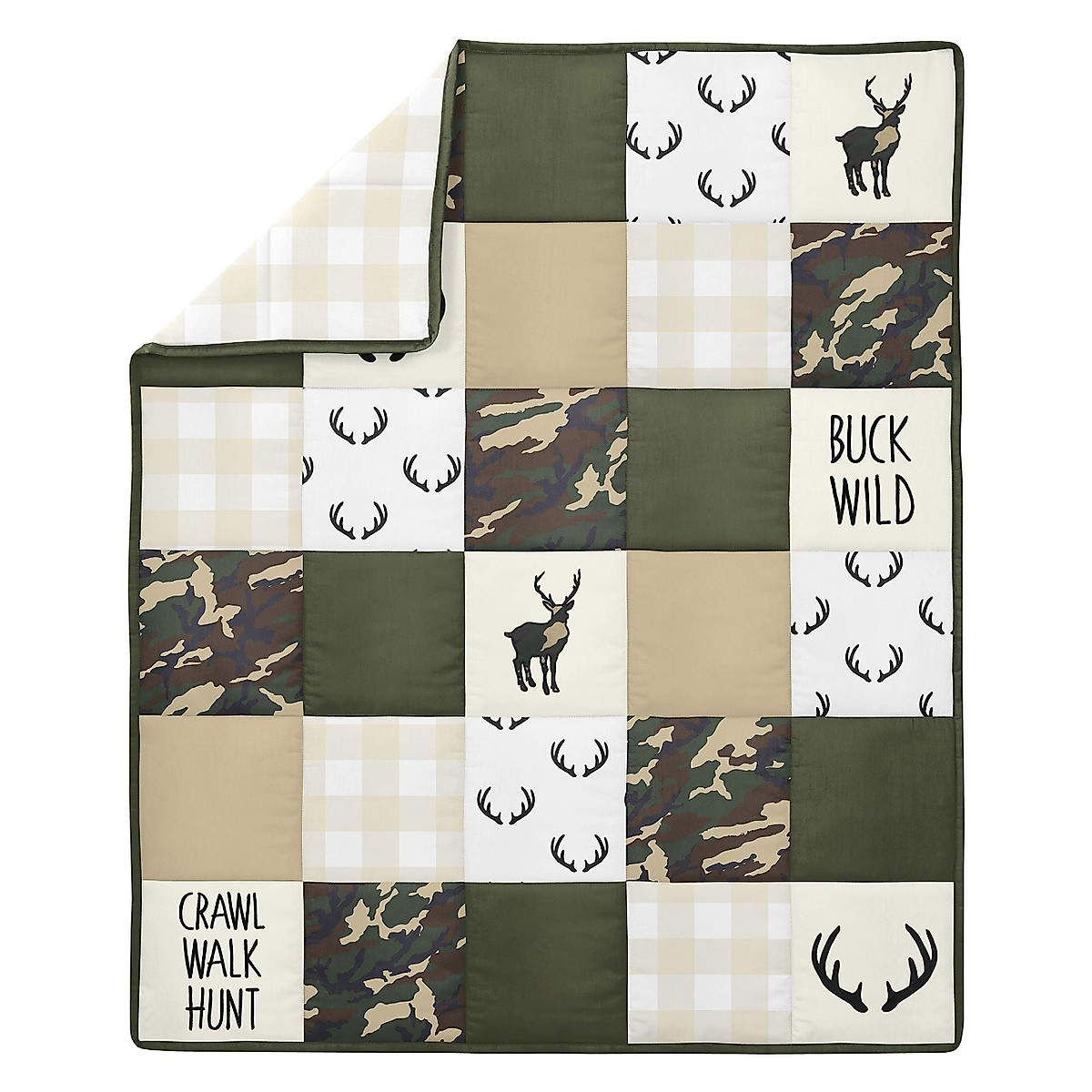 Sweet Jojo Designs Green and Beige Deer Buffalo Plaid Check Woodland Camo Baby Boy Crib Bedding Set - 4 pieces - Rustic Camouflage