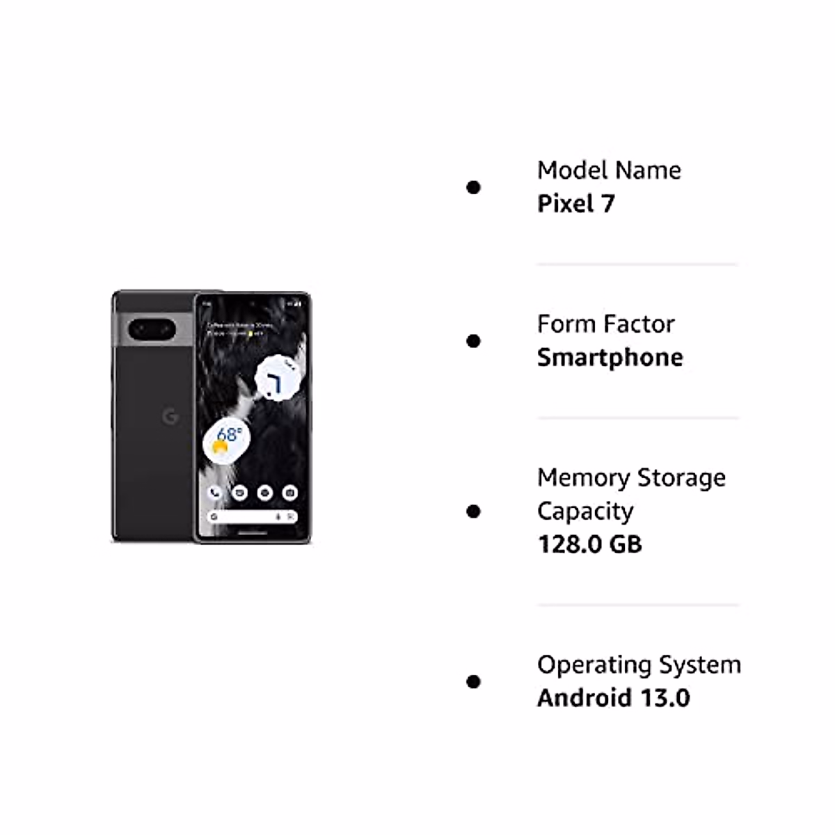 Google Pixel 7 5G 128GB 8GB RAM 24-Hour Battery Factory Unlocked for All Carriers Global Version - Obsidian, Black