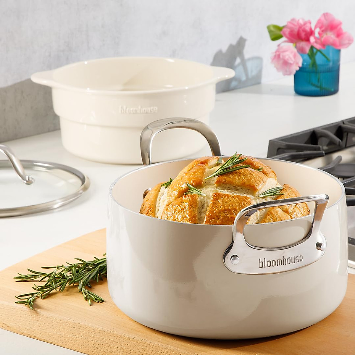 Bloomhouse - Oprah's Favorite Things - 6-QT Aluminum Enamel Dutch Oven w/Non-Stick Non-Toxic Ceramic Interior and Ceramic Steamer Insert - Oat White
