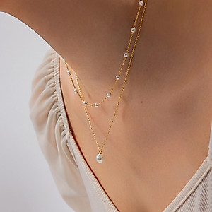 Partm Pearl Necklace for Women Layered Trendy 14K Gold Plated Dainty Pearl Pendant Choker Set Handmade Pearl Gold Necklace Stack Simple Cute Jewelry Gifts for Women