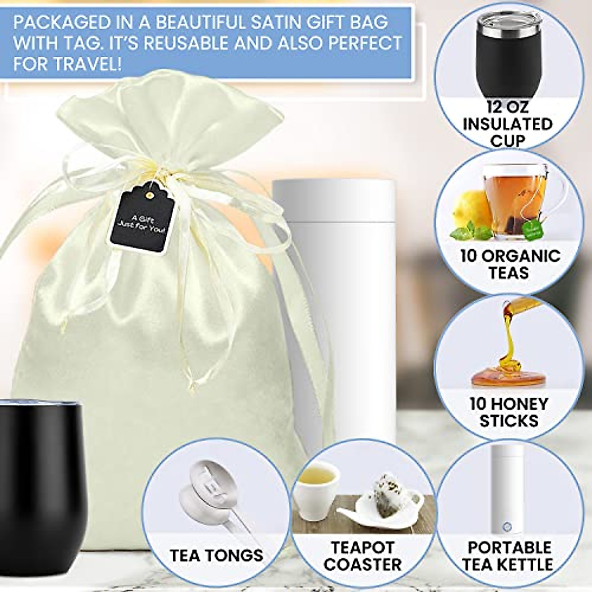 Organic Tea Gift Set with Portable Kettle - 25 Piece Tea Lovers Gift Basket | Birthday Gift for Women or Men | Present for Mom Mother, Teacher, Friendship, Get Well, Co-Worker