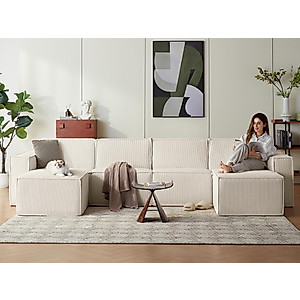 LINSY HOME Oversized Deep Modular Sectional Sofa, Cloud Couch L Shaped 4-Seat Sofa with Ottoman, Corduroy Sectional Couches for Living Room, No Assembly Required, Beige