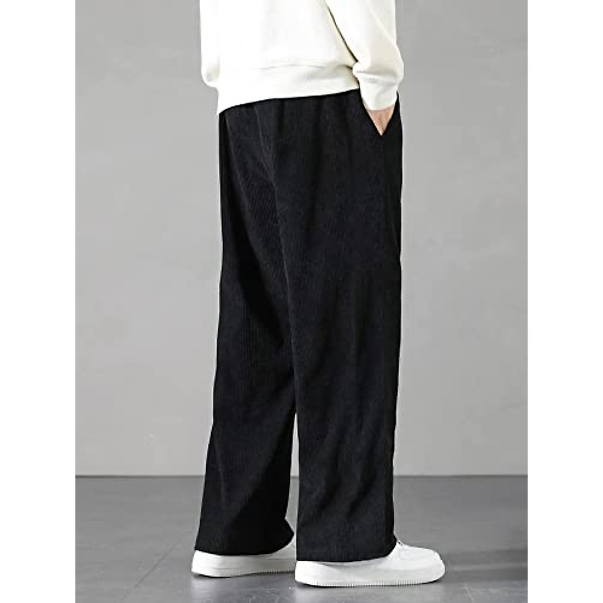Floerns Men's Loose Fit Corduroy Elastic Waist Slant Pocket Straight Leg Pants Black L