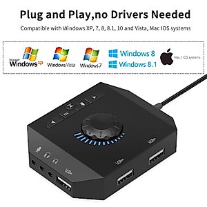 USB Hub with Audio Adapter, Tendak External Sound Card with 3.5mm Headphone Microphone Jack and Volume Control 3 Port USB Hub for Laptop PC HDD Disk