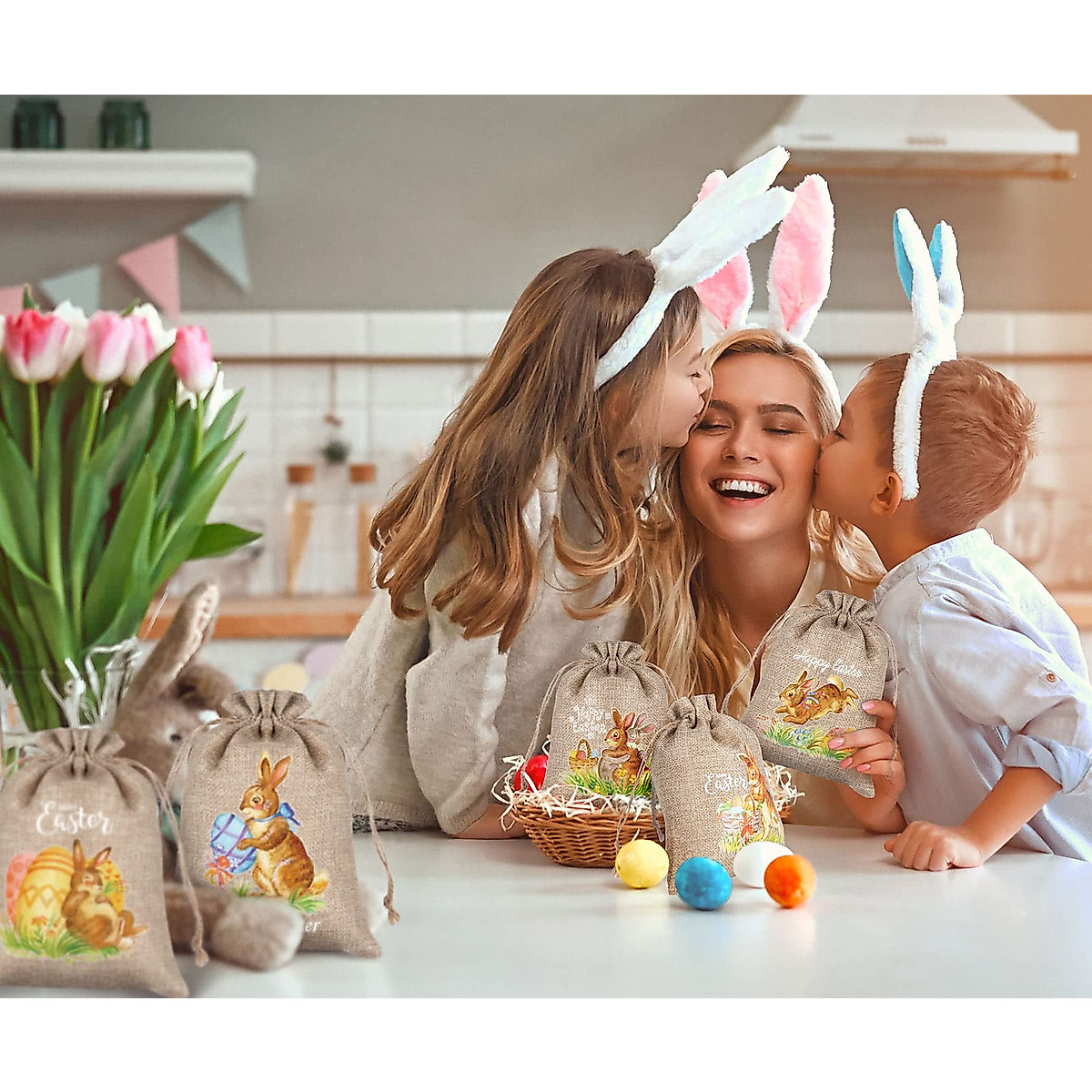 Whaline 24Pcs Easter Burlap Gift Bag Linen Jute Drawstring Bag 5.9 x 7.9 Inch Easter Bunny Rabbit Gift Pouch Bag Rustic Hunt Bag for Party Favor DIY Craft