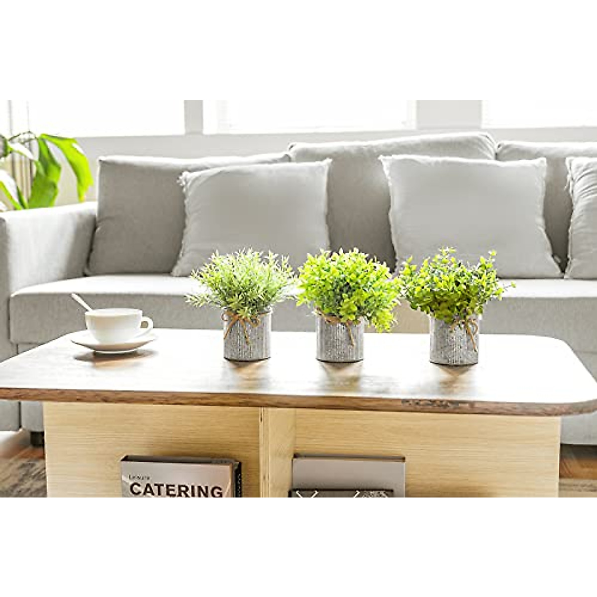 Mkono Mini Fake Plants in Farmhouse Galvanized Metal Pots Table Centerpiece Rustic Home Decor, 3 Pack Lightweight Potted Artificial Plants Faux Eucalyptus for Indoor Shelf Dining Room Office Decor