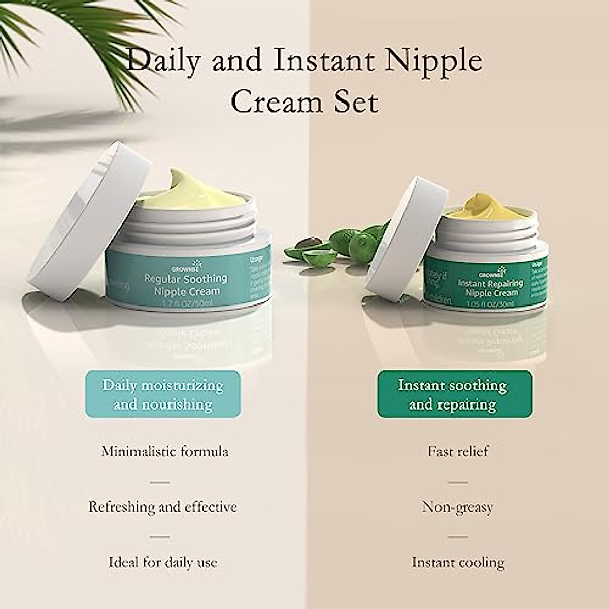 GROWNSY Daily Soothing & Instant Repairing Nipple Cream Set for Breastfeeding, 100% Plant-Based Lanolin Free Nipple Butter, 1.7 oz Daily Cream & 1.05 oz Instant Nipple Balm for Nursing Newborn