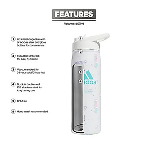 adidas 600 Ml (20 Oz) Straw Top Metal Water Bottle, Hot/Cold Double-Walled Insulated 18/8 Stainless Steel, Icon Brand Love White/White/Flash Aqua Blue, One Size