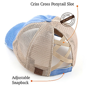 C.C Exclusives Washed Distressed Cotton Denim Criss-Cross Ponytail Hat Baseball Cap Bundle Hair Tie (BT-780)(BT-791) (A Elastic Band-Blue Moon)