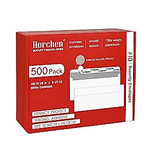 500 Count #10 Security Envelopes,Peel & Seal Windowless Bussiness Envelopes,Security Tint Pattern for Mailing of Checks, Invoices, Documents - 4 1/8 x 9 1/2 Inch - White，Horchen