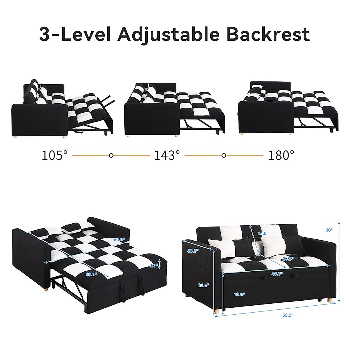 3 in 1 Loveseat Sleeper Sofa- Convertible Sofa Bed,Pull Out Couch with Adjustable Backrest,Multi-Functiona Lounge Chair with Teddy Fabric for Living Room,Small Space (Black White)