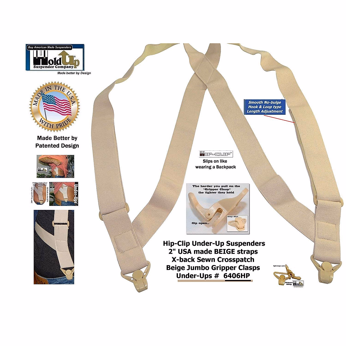 Holdup Tan 1 1/2" Hip-Clip Style Under-Ups Suspenders for Men with the Patented Composite plastic Gripper Clasps