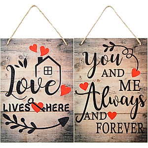 Jetec 2 Pieces Valentine's Day Hanging Wooden Sign Ornament Hanging Wall Plaque Red Heart for Home Garden 10 x 7 Inch
