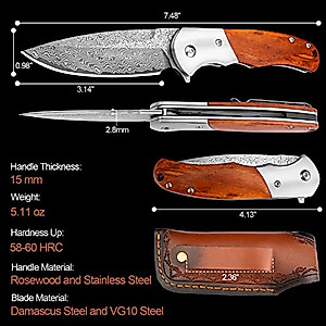 KOMWERO Damascus Pocket Knife with Clip for Men, VG10 Damascus Steel Folding Knives, EDC Damascus Hunting Knife with Leather Sheath Wooden Handle for Camping Collection