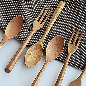HIKOAN Triangular Handle Wooden Spoon Fork Set Dessert Wooden Spoon Wooden Fork Student Portable Spoon Fork Beechwoodspoon