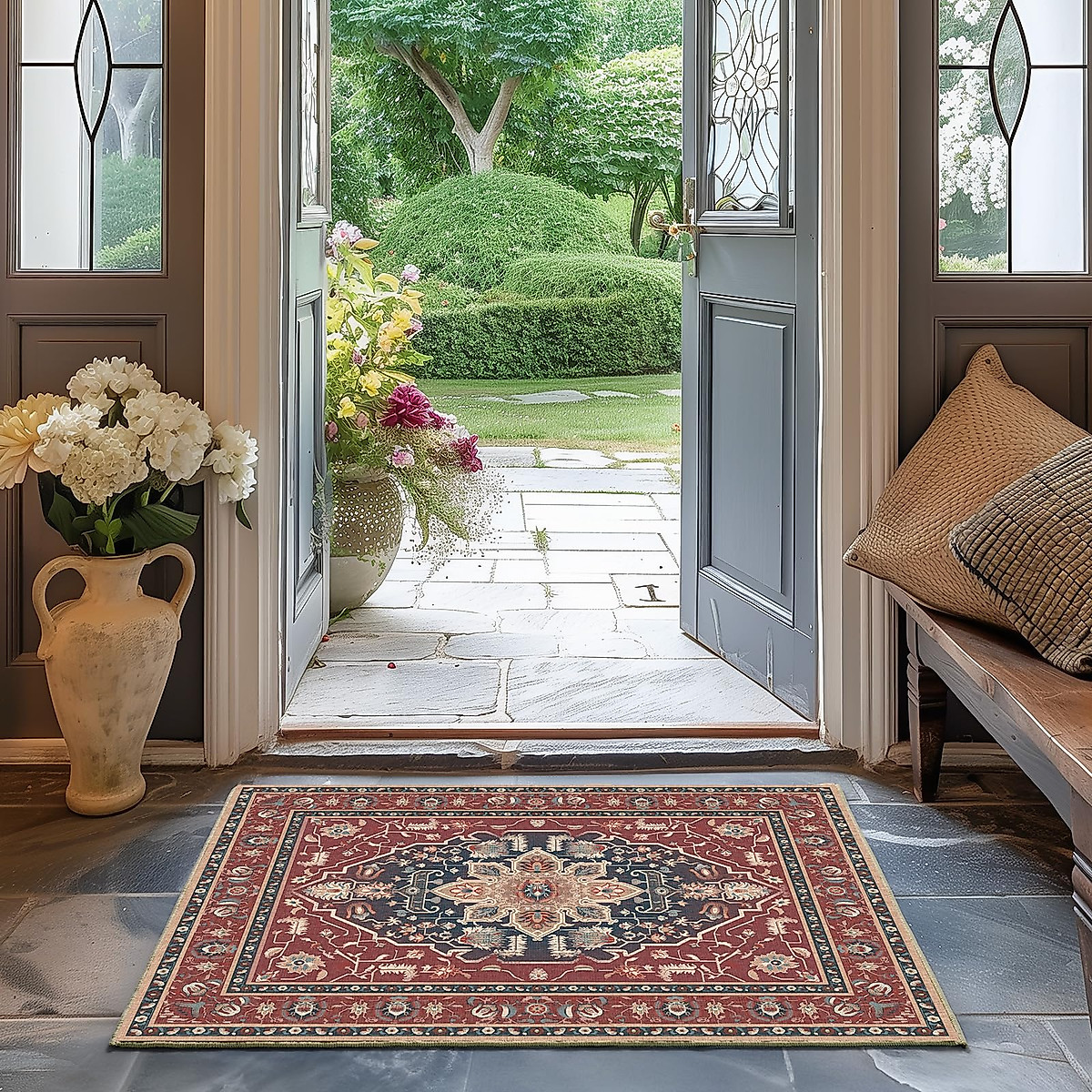 EVERGRACE Faux Wool Area Rugs 2'x 3' Boho Medallion Rugs for Living Room Indoor Outdoor Rugs for Bedroom Dining Room Entryway Kitchen Low Pile Washable Floor Mat Carpet, Terracotta