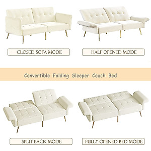 Modern Velvet Futon Sofa Bed,Convertible Folding Sleeper Sofa with 3 Angles Adjustable Back and Armrests,Recliner Couch Bed with Metal Legs for Small Space,Living Room Bedroom Apartment Office,Beige