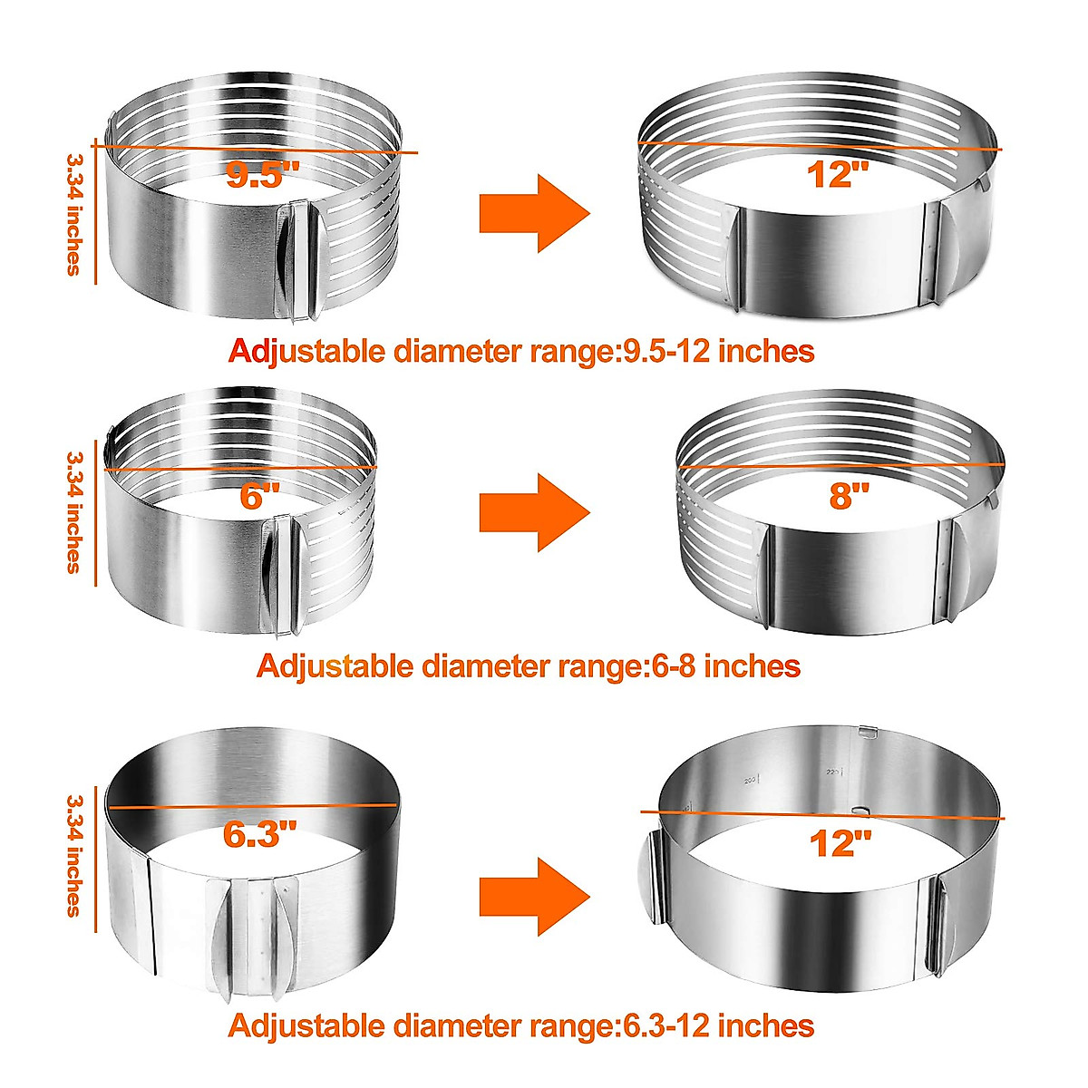 3PCS Adjustable Cake Slicer and Cake Mold 6"-8" & 9.5"-12" 7-Layer Cake Cutter Leveler Stainless Steel Cake Slicing Ring 6.3"-12" Round Mousse Mould DIY Baking Tools for Cake Decor