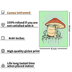 Funny Frog Posters Vintage Frog Mushroom Wall Art Prints, Retro Cute Frog Mushroom Creativity Nature Illustration Canvas Art Prints for Bathroom Bedroom Living Room Decor, Set of 4-(8”x10”, Unframed)