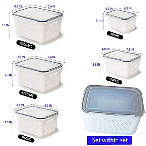 NIYUPE Fridge Vegetable Storage Containers, 5 Pack Produce Preservation Containers Fridge Organizer with Lid Plastic Organizer Vegetable and Colander for Fruits, Salads, Lettuce, Berries