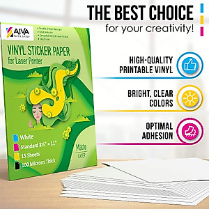 Printable Vinyl Sticker Paper for Laser Printer - Matte White - 15 Self-Adhesive Sheets - Waterproof Decal Paper - Standard Letter Size 8.5"x11"