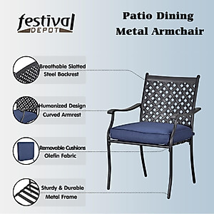 Festival Depot 4 Piece Outdoor Patio Furniture Outdoor Wrought Iron Dining Chairs Set for Porch Lawn Garden Balcony Pool Backyard with Arms and Cushions (4Pcs) (Blue)