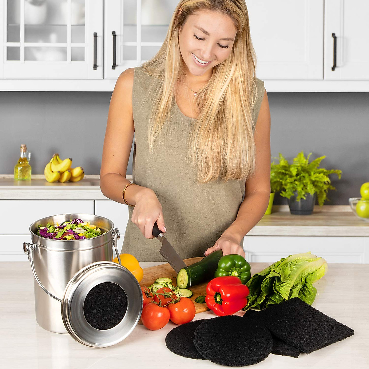 Epohpeek Compost Bin Filters Charcoal - Filter Replacement for Kitchen Pail Composter, 12 Pack Extra Thick (1cm) Fits Gallon Bucket Countertop Bins - Activated Carbon, 6 Round 6 Square, Both 6.5”