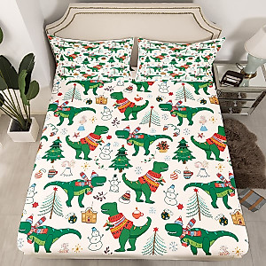 Christmas Fitted Sheet for Kids Boys Girls Cartoon Dinosaur Christmas Tree Bedding Set Snowman New Year Bed Sheet Set Bedroom Decor Xmas Theme Bed Cover Twin Size 2Pcs