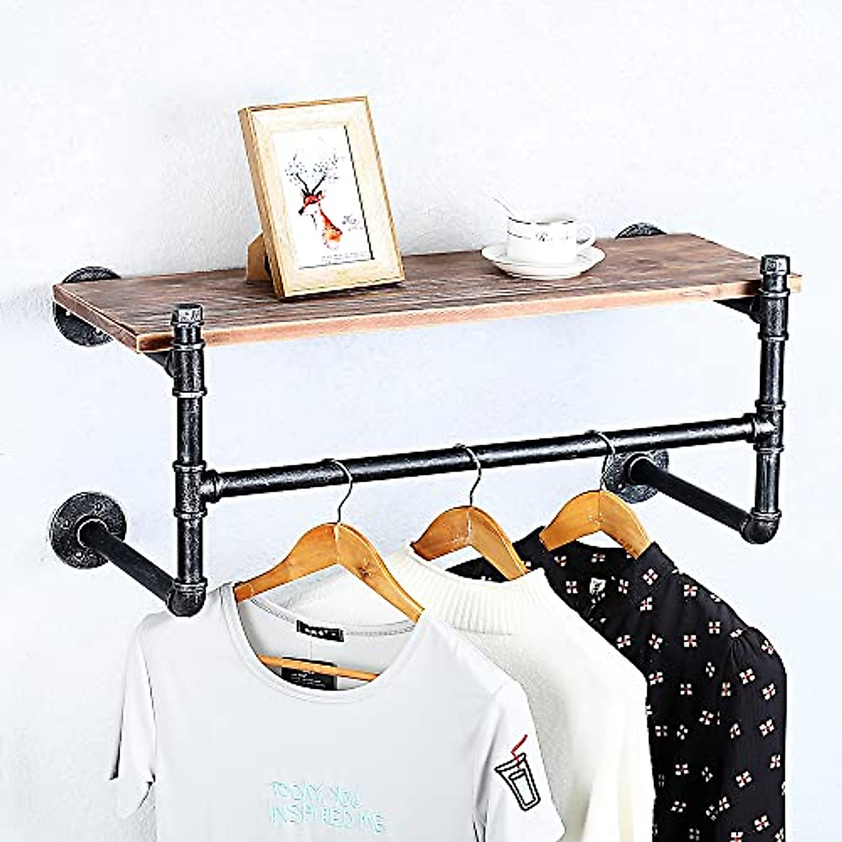 HAOVON Industrial Pipe Clothing Rack Wall Mounted Wood Shelf,Pipe Shelving Floating Shelves,Retail Garment Rack Display Rack Clothes Racks(1 Tier,30in)
