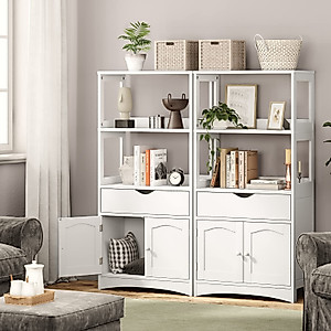 Sideboard Storage Cabinet with 2 Open Shelves, 1 Drawer and 1 Cupboard Kitchen Pantry Storage Cabinet with Microwave Space Freestanding Floor Bathroom Cabinet, Bookshelf,Display Unit for Home, White